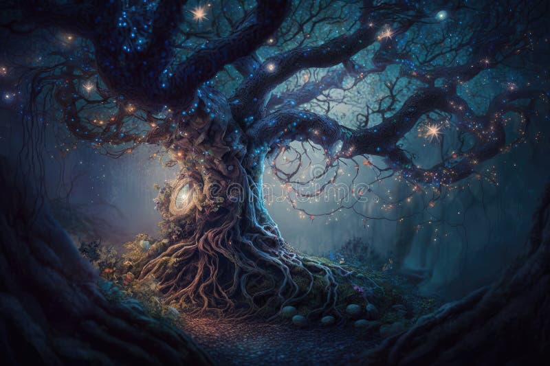 Magical Forest with Shamanic Tree and Fairy Light Stock Illustration ...