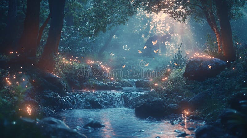 Magical Forest Stream with Fireflies and Butterflies at Twilight Stock ...