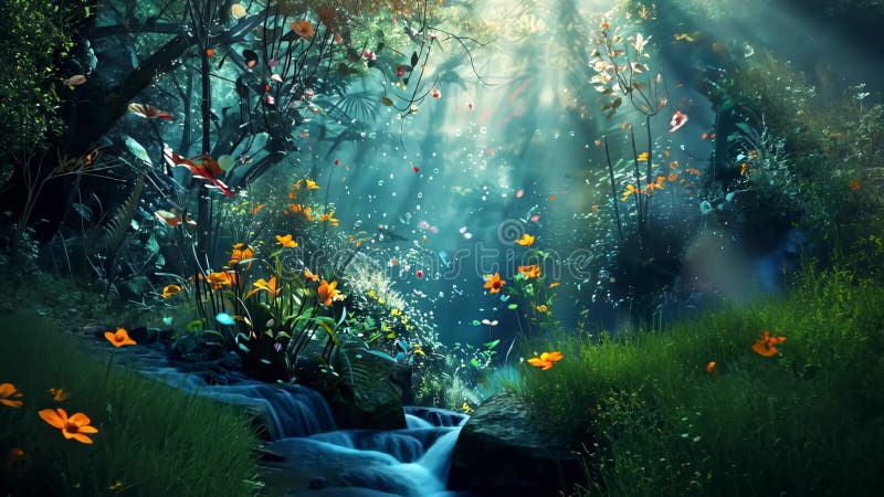 Magical Forest Stream with Orange Flowers, Sunlight, and Bubbles Stock ...