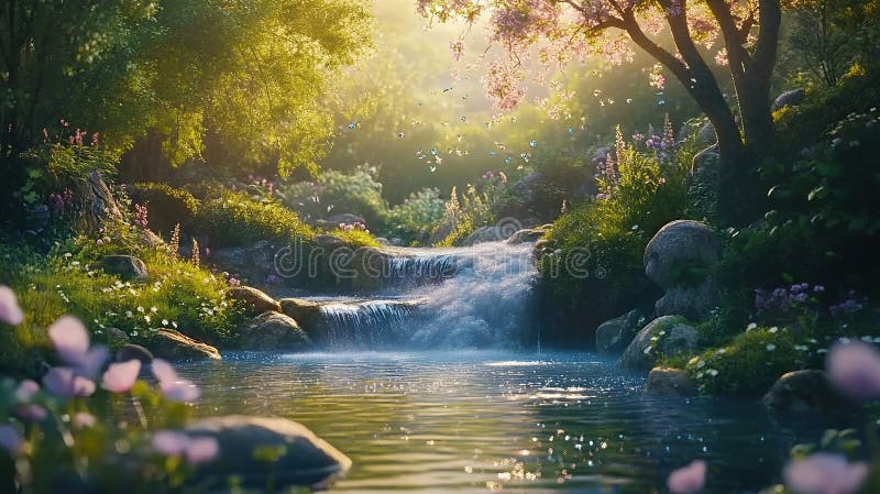 Magical Forest Stream with Waterfall, Flowers, and Sunlight Stock ...