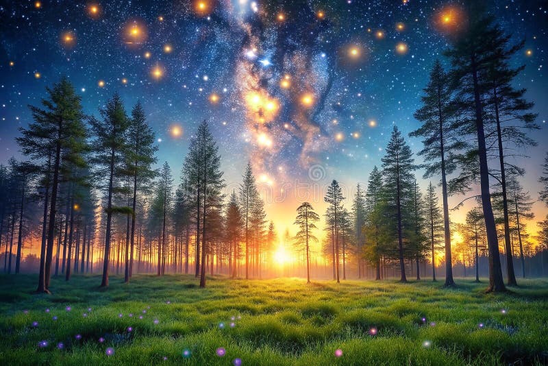 Magical Forest Sunrise with Galaxy Sky Stock Illustration ...