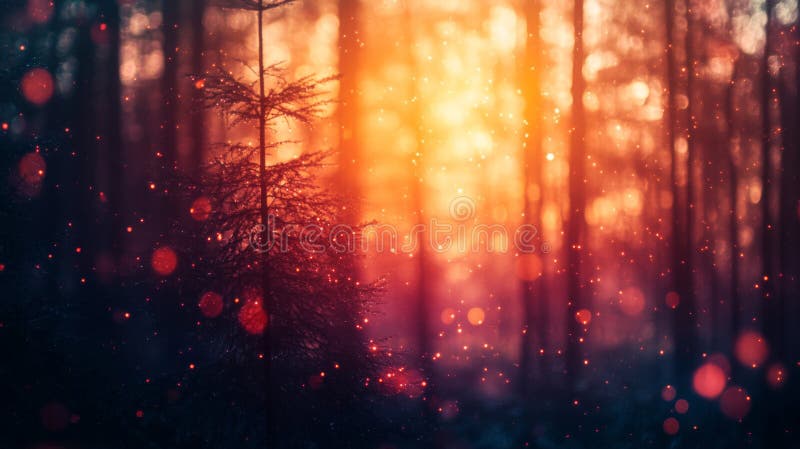 Magical Forest Sunset with Red and Orange Glow Stock Illustration ...