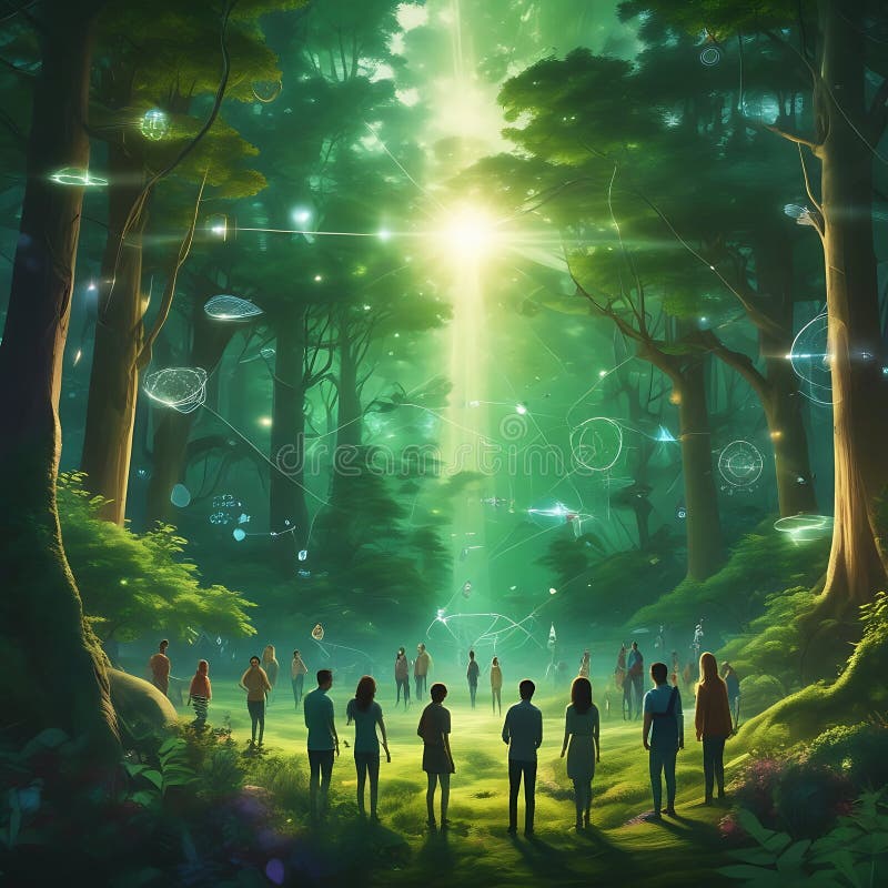 A Magical Forest with Tall Trees through Which Bright Sunlight Breaks ...