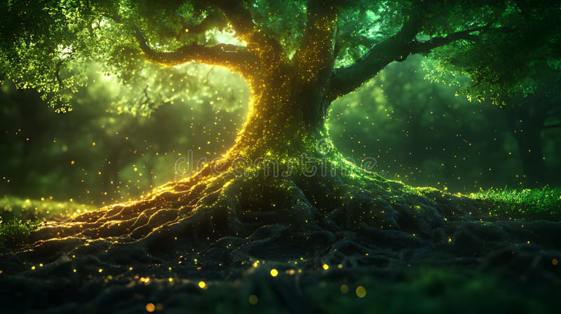 Magical Forest Tree Roots Glowing Sunlight Fantasy Stock Illustration ...