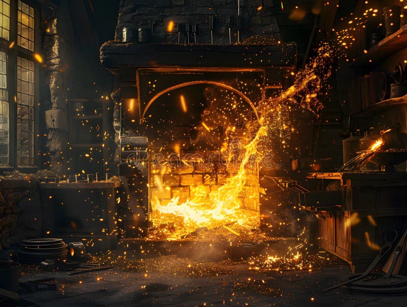 Magical Forge with Living Fire and Sparkling Metal Stock Illustration ...