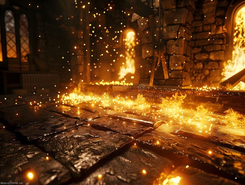 Magical Forge with Living Fire and Sparkling Metal Stock Illustration ...
