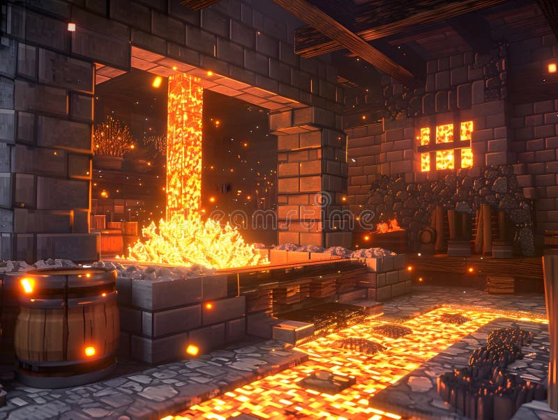 Magical Forge with Living Fire and Sparkling Metal Stock Illustration ...