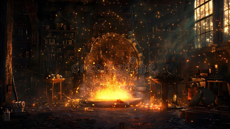 Magical Forge with Living Fire and Sparkling Metal Stock Illustration ...