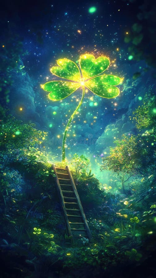 Magical Four-leaf Clover Shining in Mystical Forest Under Starry Night ...