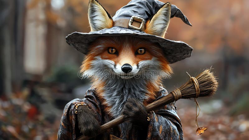 Magical Fox Character in a Wizard Hat Holding a Broomstick in Enchanted ...