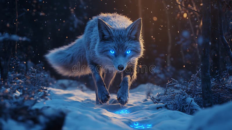 Magical Fox with Glowing Eyes Walking through Snowy Forest Stock ...