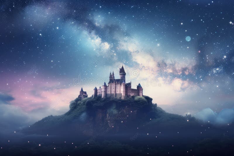 Magical Galaxy with Castle in the Clouds and Stars in the Sky Stock ...