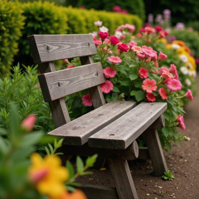 Magical Garden Setting with Outdoor Bench Stock Illustration ...