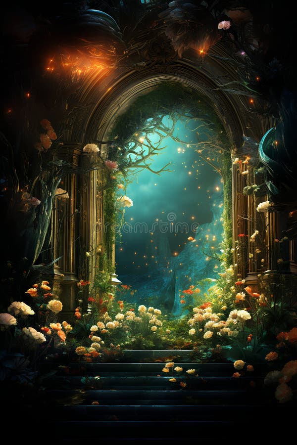 Magical Gates in Dark Forest Covered in Flowers Stock Illustration ...