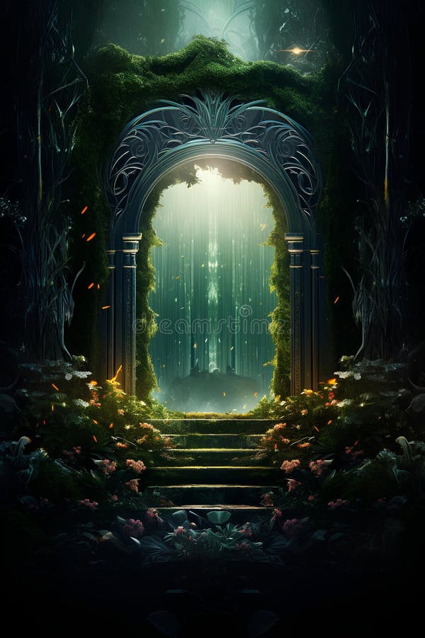 Magical Gates in Dark Forest Covered in Moss Stock Illustration ...