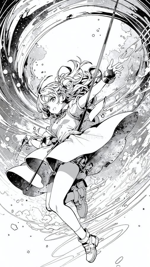 Magical Girl in Action Pose with a Staff and Swirling Magic Effects for ...