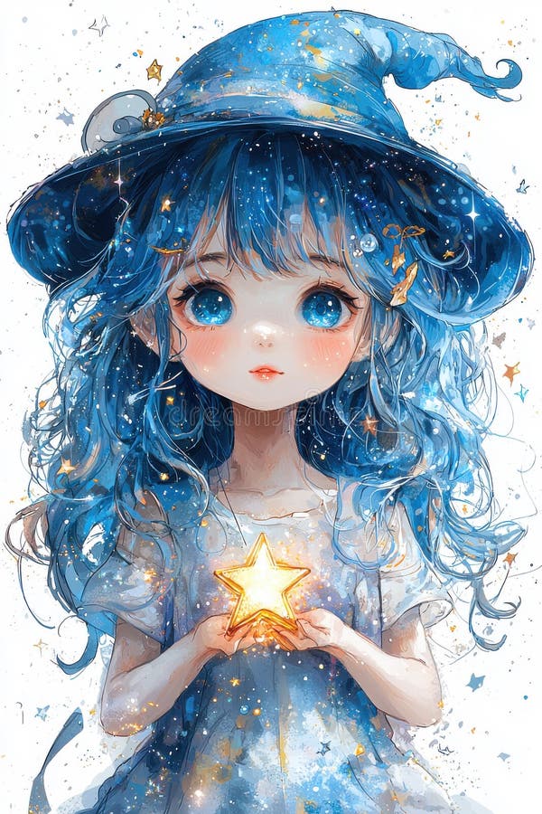 Magical Girl in Blue Wizard Hat. Stock Illustration - Illustration of ...
