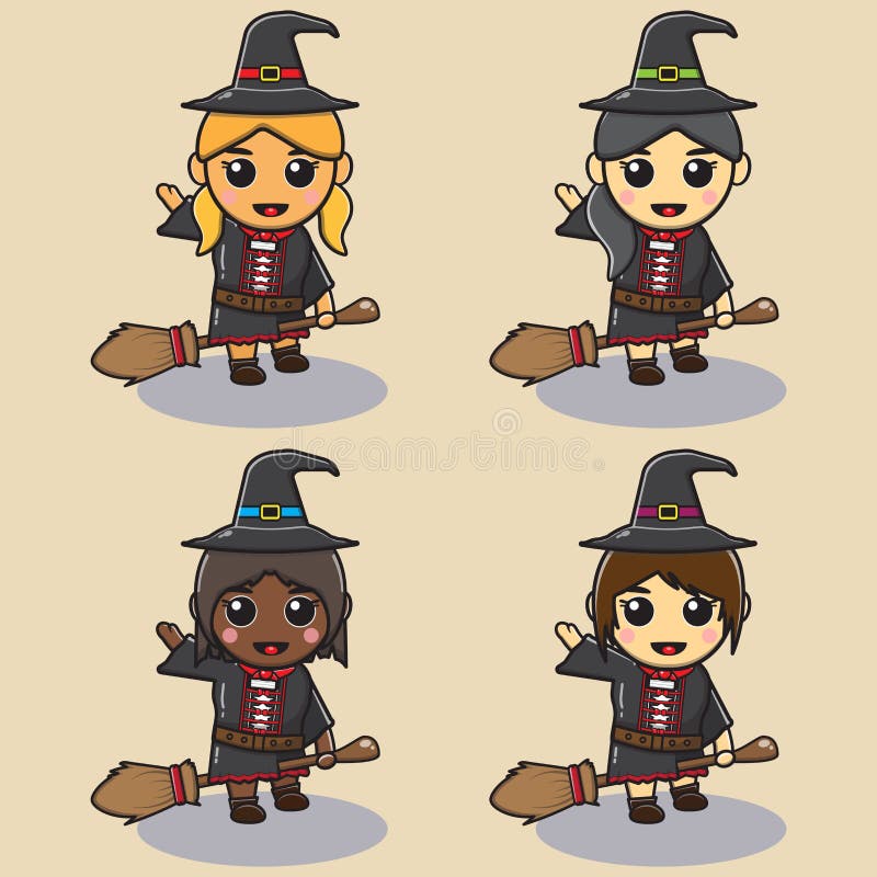 Vector Illustration of Cute Mystical Girls Flying with Broom. Stock ...