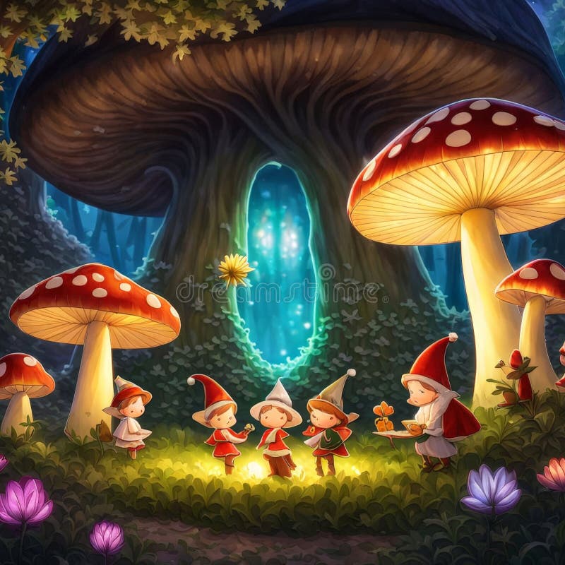 Magical Glow from within As a Tiny Elf Plays Under a Radiant Mushroom ...