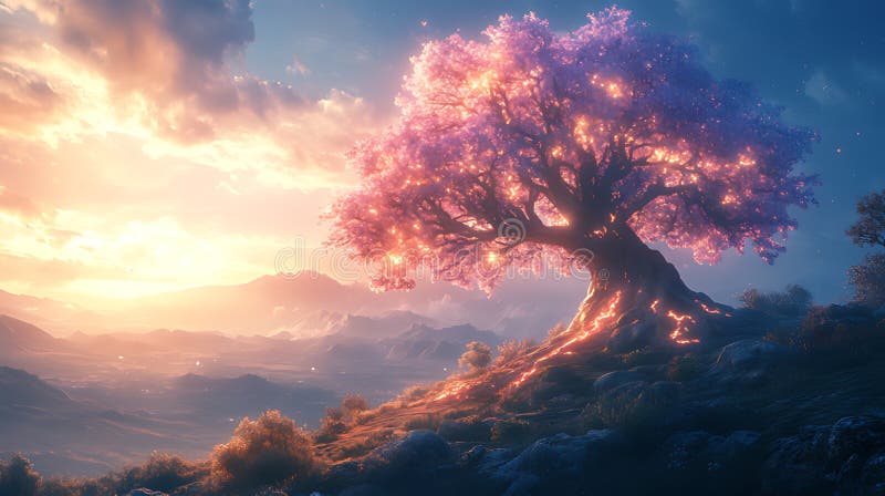 Magical Glowing Cherry Blossom Tree on a Hilltop at Sunset Stock ...