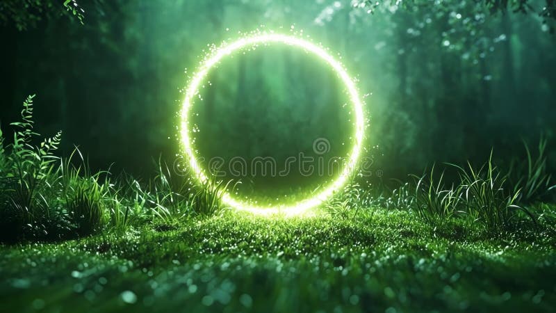 Magical Glowing Circle Floating Over Grass in Forest at Night Stock ...