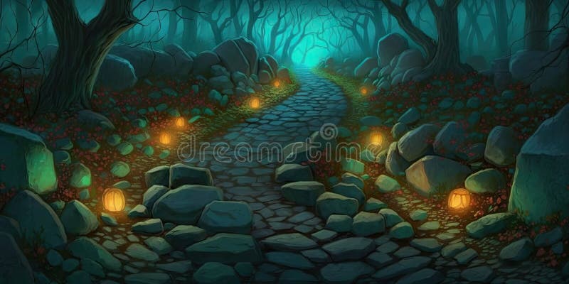 Magical Glowing Cobble Stone Path through a Dark Mystical Stock ...