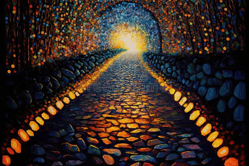 Magical Glowing Cobble Stone Path through a Dark Mystical Stock ...