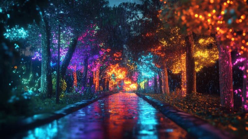 Magical Glowing Forest Path at Night Stock Illustration - Illustration ...