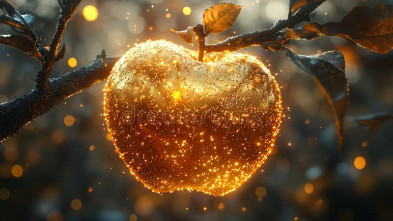 Magical Glowing Golden Apple on a Tree Branch Stock Image - Image of ...