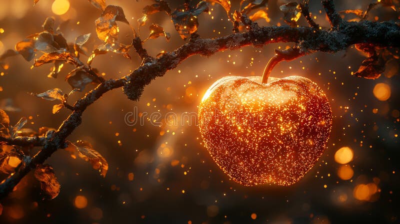 Magical Glowing Golden Apple on a Tree Branch Stock Photo - Image of ...