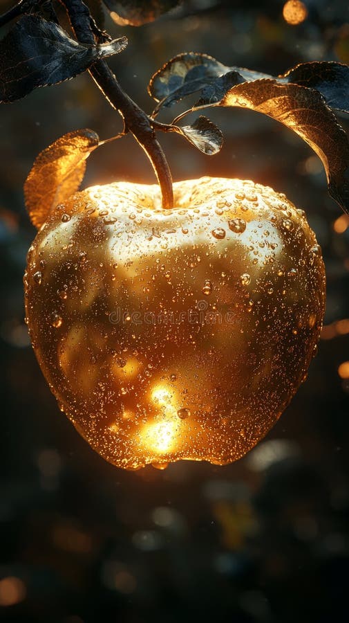 Magical Glowing Golden Apple on a Tree Branch Stock Photo - Image of ...