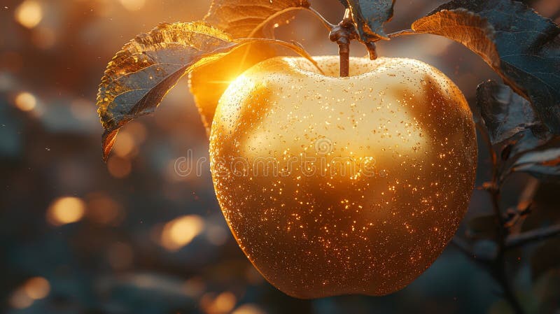 Magical Glowing Golden Apple on a Tree Branch Stock Image - Image of ...