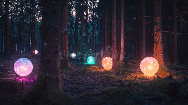 Magical Glowing Orbs in a Dark Forest Stock Illustration - Illustration ...