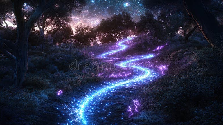 Magical Glowing Path Winding through a Dark Forest at Night Under a ...