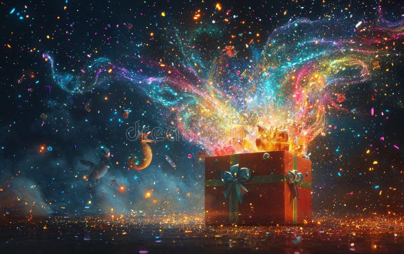 A Magical Glowing Present Box with Rainbow Colors and Sparks Stock ...