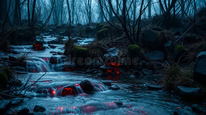 Magical Glowing Red River Flowing through Dark Fantasy Forest Stock ...