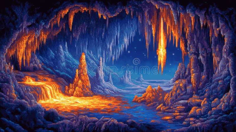Magical Glowing Stalactite Cave with Rich Blue and Orange Lights Pixel ...