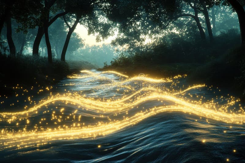 Magical Glowing Stream Flows Serene Forest Twilight Stock Photos - Free ...