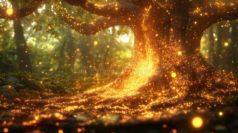 Magical Glowing Tree with Golden Sparkles in Enchanted Forest ...