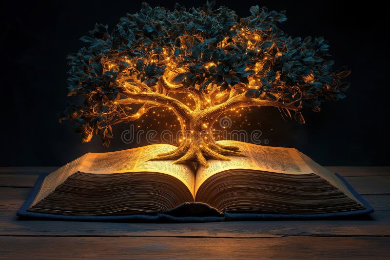 Glowing Tree of Knowledge Growing from Open Book Symbolizing Wisdom ...