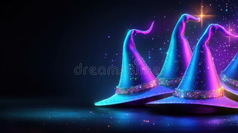 Magical Glowing Wizard Hats in Mystical Darkness Stock Photo - Image of ...