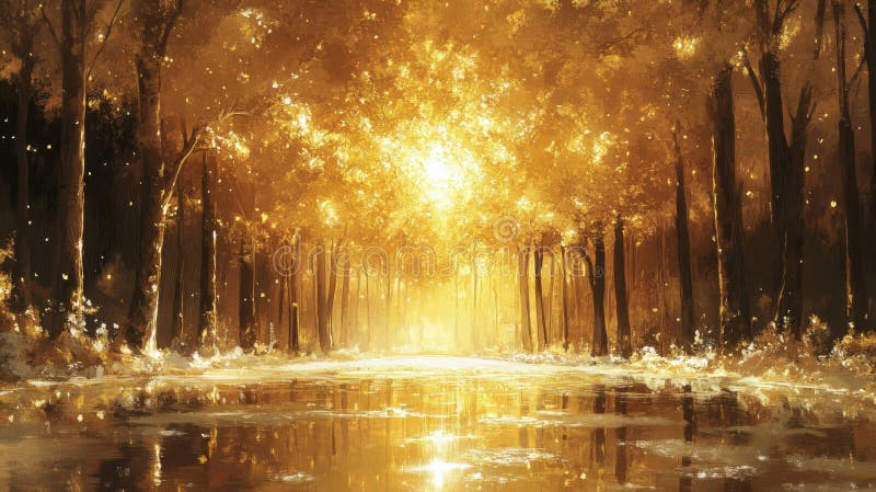 Magical Golden Forest Path at Sunset Stock Illustration - Illustration ...