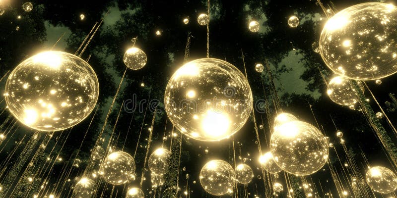 Magical Golden Illuminated Spheres Hanging in a Dark Forest at Night ...