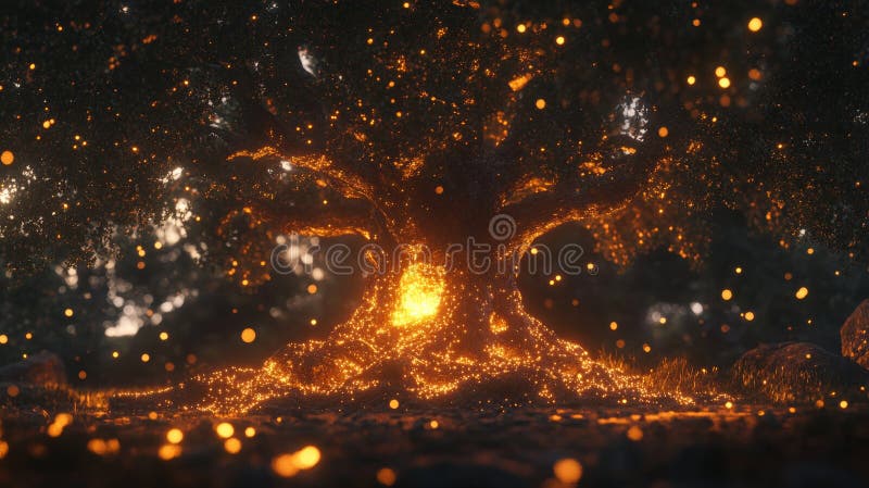 Magical Golden Sparkles Emanating from Enchanted Tree at Twilight ...