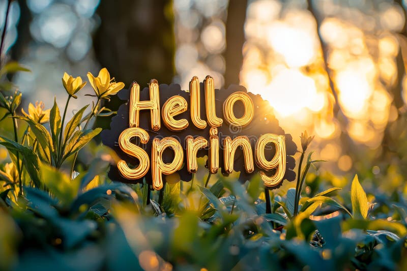 Magical Golden Sunrise with Hello Spring Stock Photo - Image of ...
