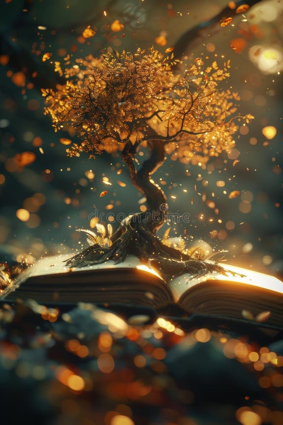 Magical Golden Tree Growing from an Open Book in Soft Glow Stock ...