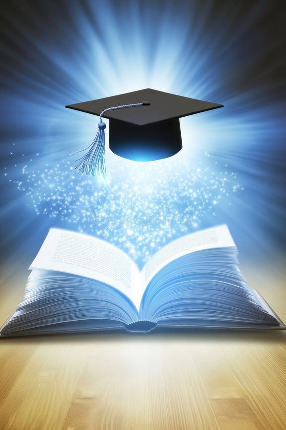 Magical Graduation Hat Hovering Over Illuminated Book with Sparkling ...