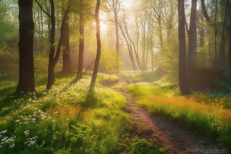 Magical Green Forest in Soft Morning Sunlight Stock Illustration ...