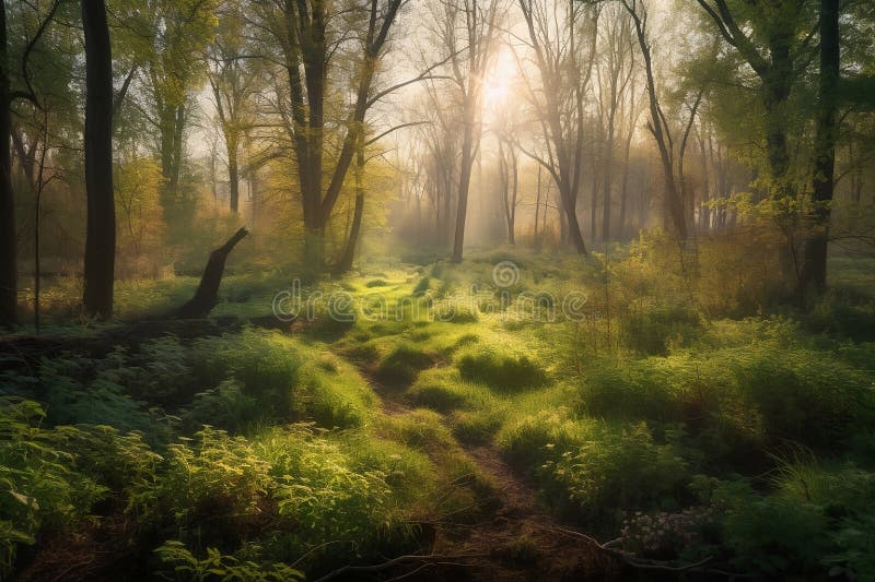 Magical Green Forest in Soft Morning Sunlight Stock Illustration ...