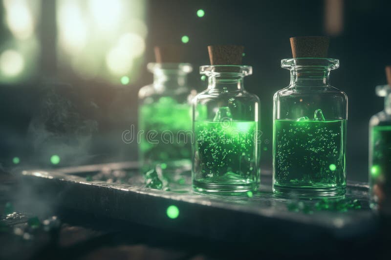 Magical Green Potion Bottles with Glowing Elixir and Floating Particles ...